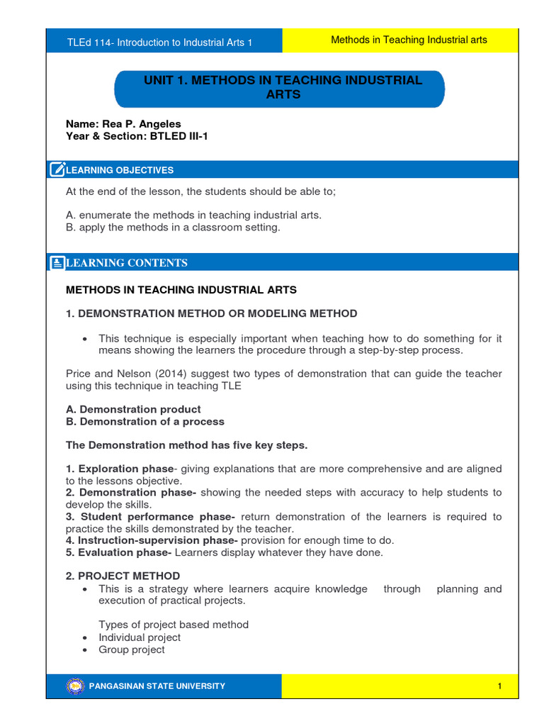Angeles, Rea P - Unit 1 - Methods in Teaching Industrial Arts | Download Free PDF | Learning ...