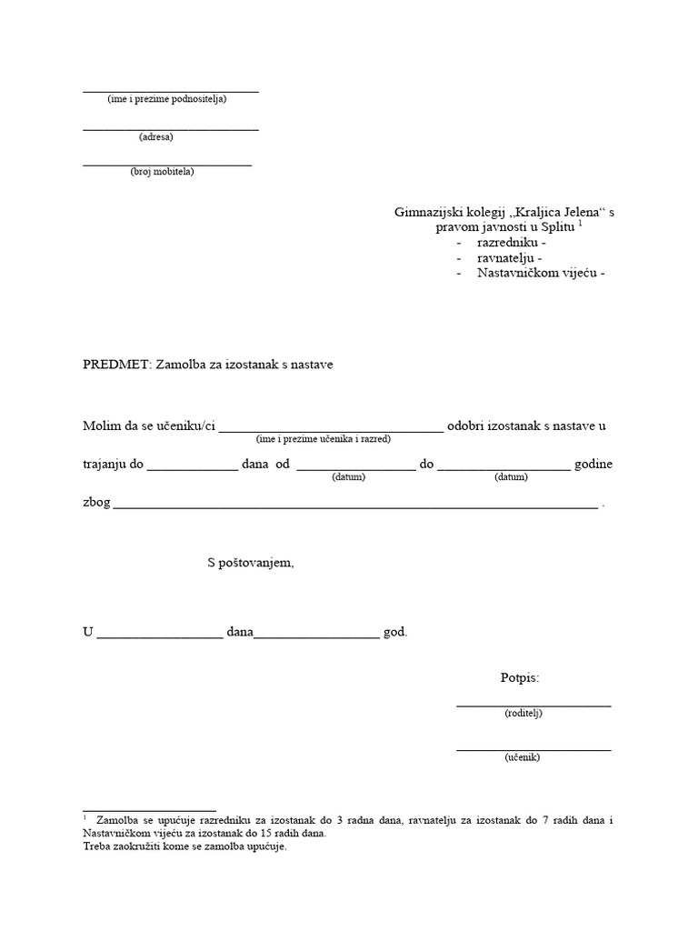 Obrazac Zamolbe Roditelja Za Izostanak Ucenika S Nastave | PDF