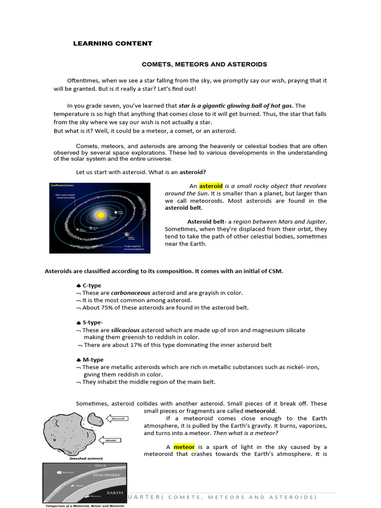 Comets, Meteors and Asteroid Handouts | PDF | Meteoroid | Comet