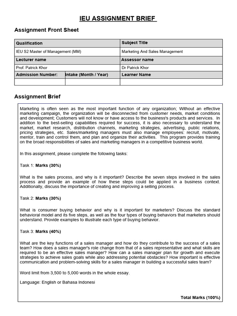 Marketing and Sales Management Assignment | PDF | Marketing | Sales