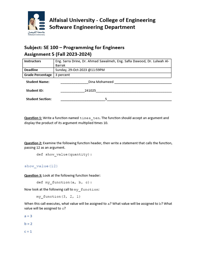 SE 100 Assignment 5 | Download Free PDF | Parameter (Computer Programming) | Function (Mathematics)