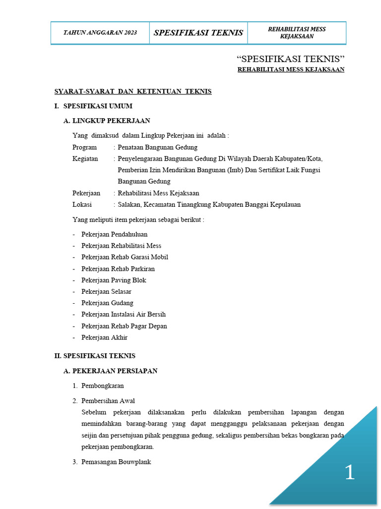 Spesifikasi Rehabilitasi Mess | PDF