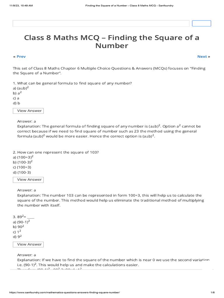 Finding The Square of A Number - Class 8 Maths MCQ - Sanfoundry | PDF | Multiple Choice ...