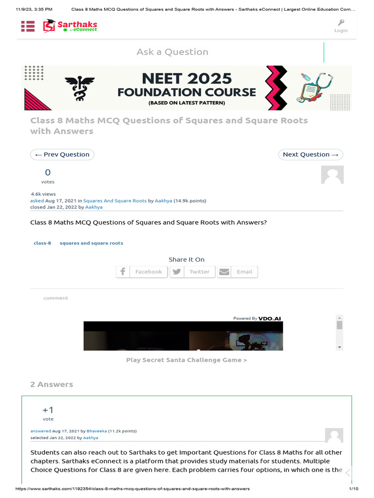 Class 8 MCQs on Squares and Roots | PDF | Multiple Choice | Numbers