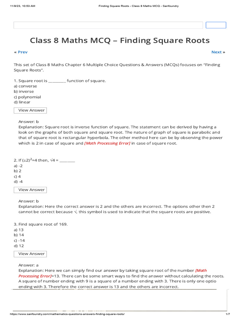 Finding Square Roots - Class 8 Maths MCQ - Sanfoundry | PDF | Multiple ...