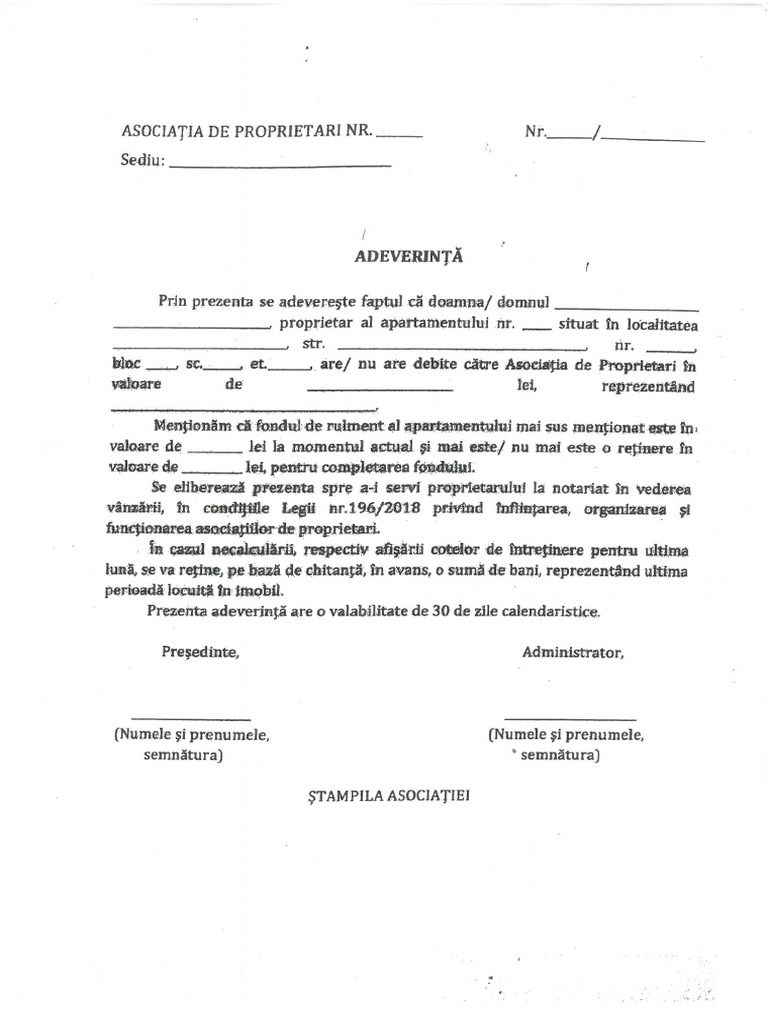 Adeverinta Asociatie Proprietari | PDF