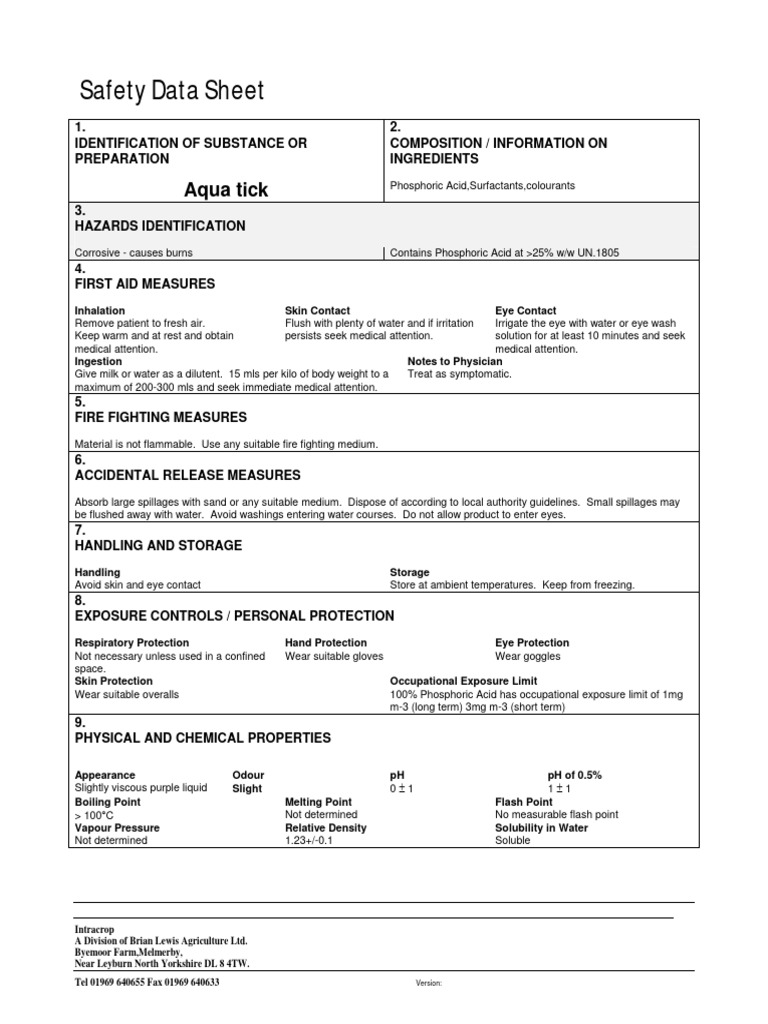 Aqua Tick MSDS | PDF | Water | Chemistry