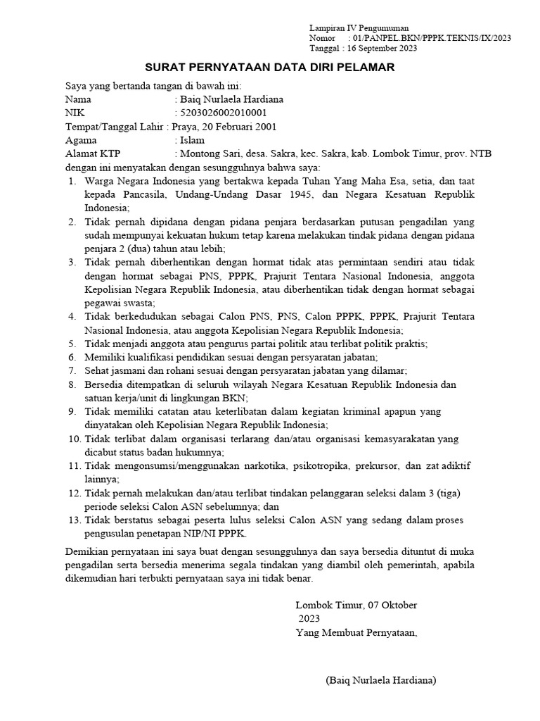 Lampiran IV Format Surat Pernyataan Data Diri PPPK Teknis BKN 2023 | PDF