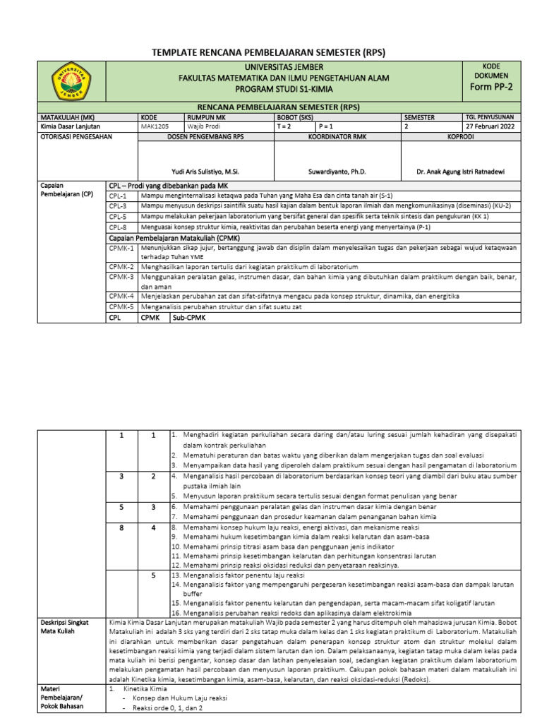 RPS Kimia Dasar Lanjutan 2022 | PDF