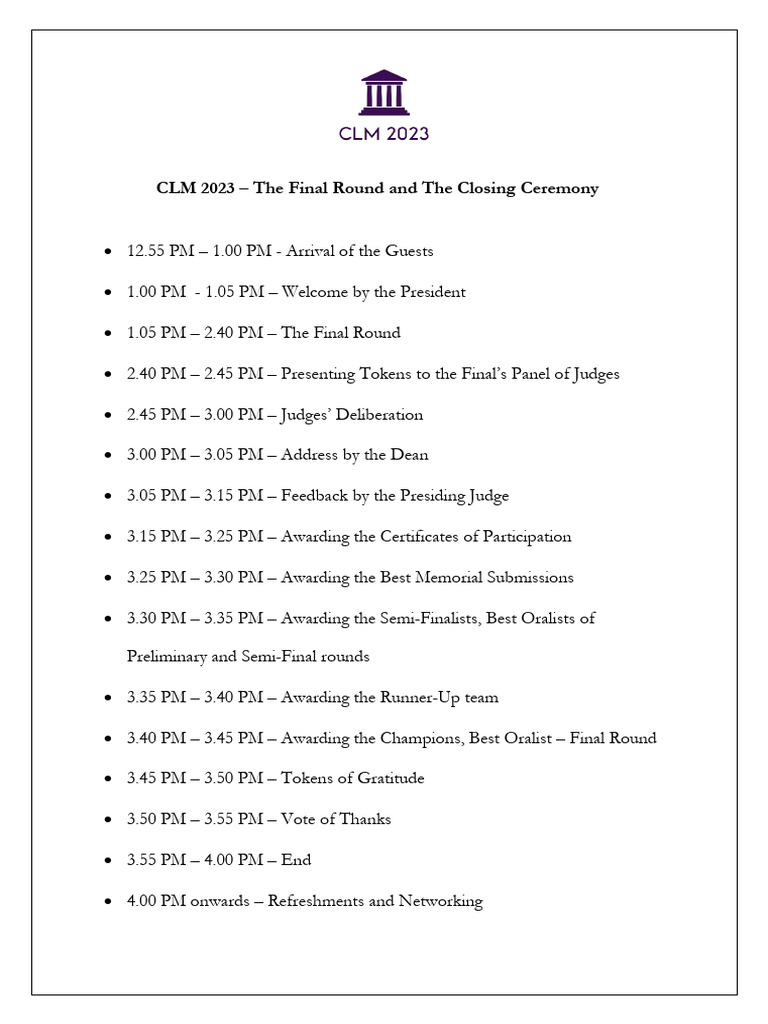 CLM 2023 Final Round Ceremony Agenda | PDF | Home & Garden