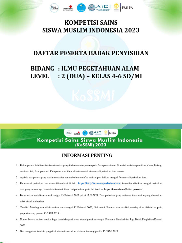 Daftar Peserta KoSSMI 2023 - IPA Level 2 | PDF