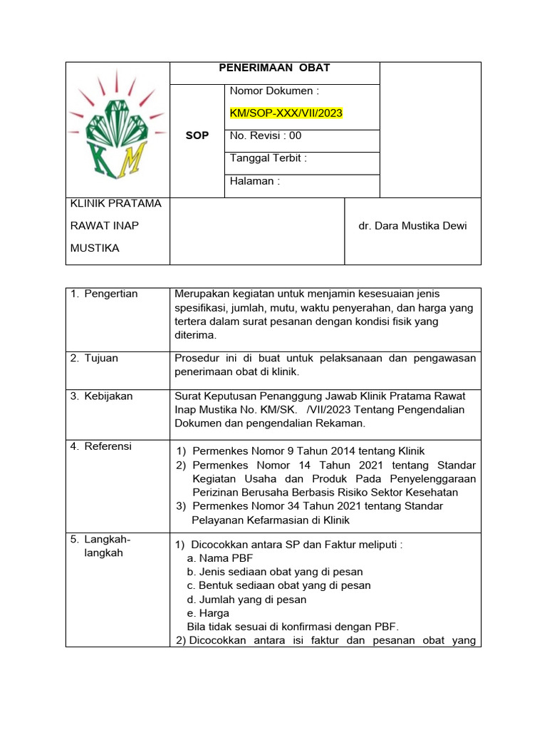 Sop Penerimaan Obat Pdf