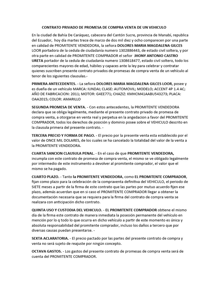 Contrato Privado de Promesa de Compra Venta de Un Vehiculo | Descargar gratis PDF | Derecho ...