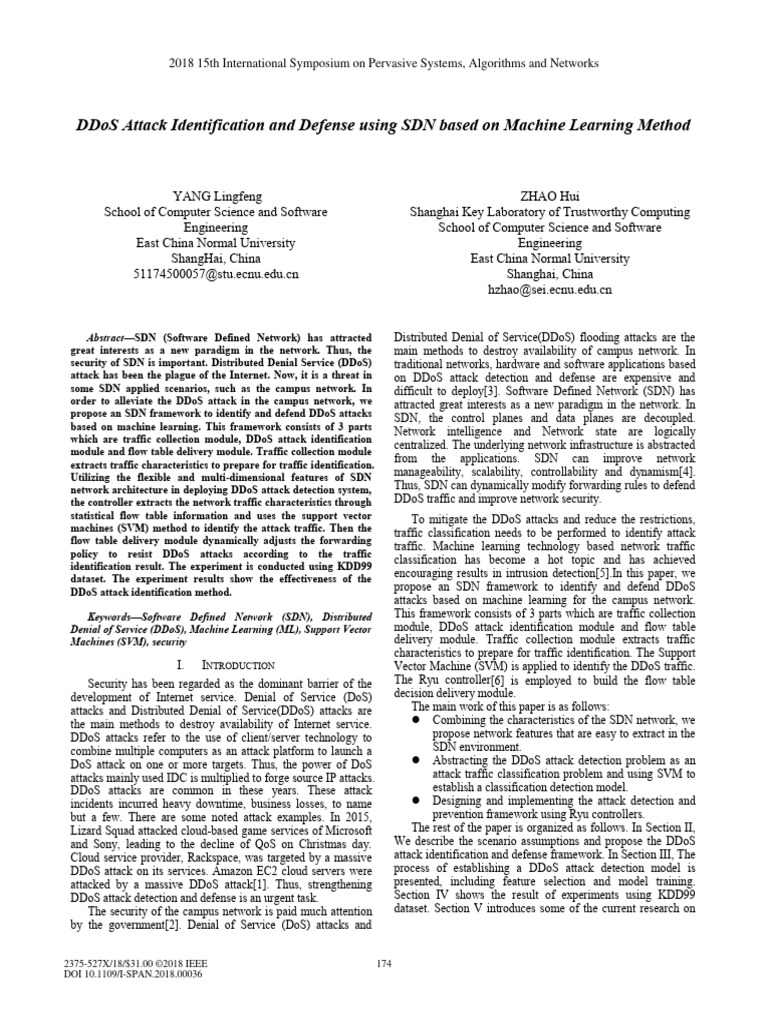 DDoS Attack Identification and Defense Using SDN Based On Machine Learning Method | PDF | Denial ...