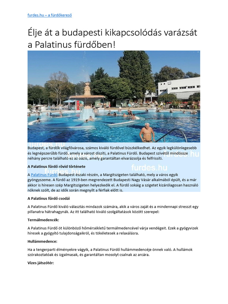 Élje Át A Budapesti Kikapcsolódás Varázsát A Palatinus Fürdőben! Furdes ...