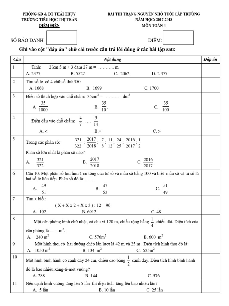 De Thi Trang Nguyen Toan Lop 4 Nam 2017 2018 Truong TH Thi Tran Diem Dien 9449 | PDF