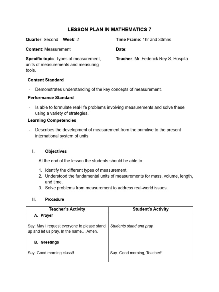 Grade 7 Measurement Lesson Plan | PDF | Measurement | Volume