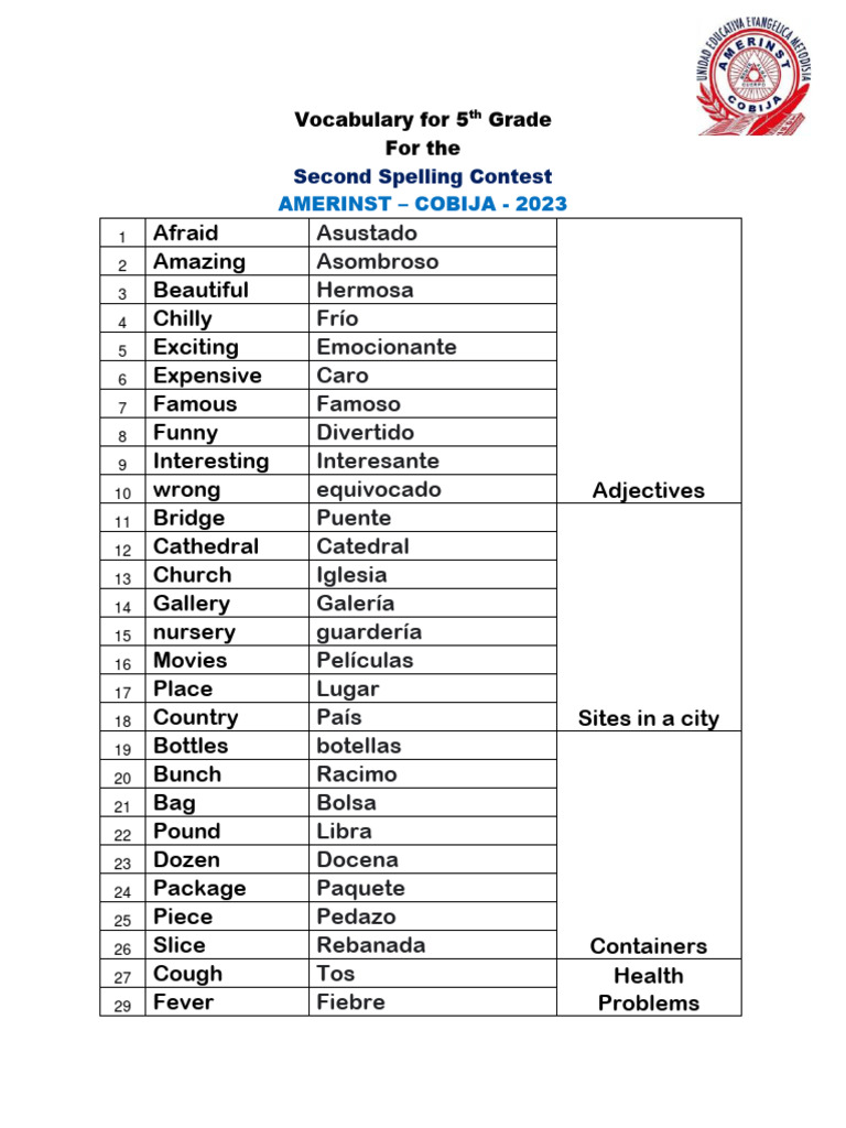 Vocabulary 5th Grade | PDF