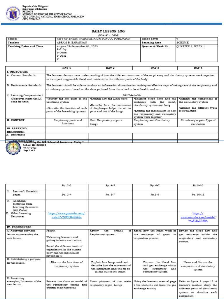 Science 9 Q1 W1 | PDF | Respiratory System | Lung