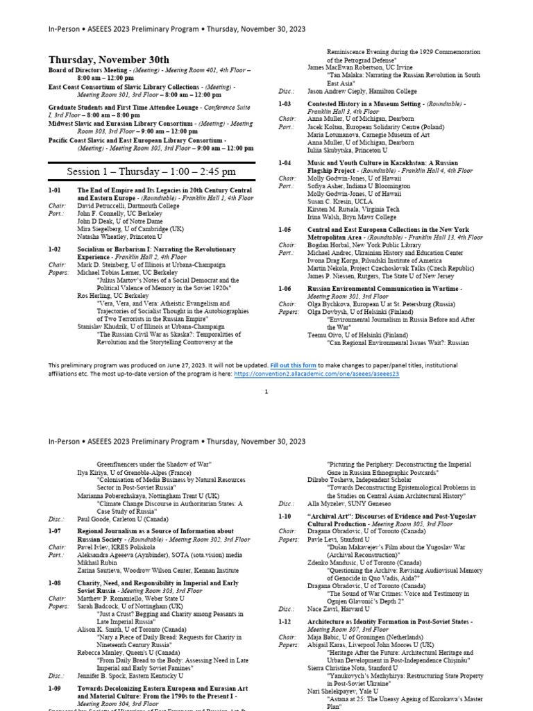 2023 ASEEES In-Person Preliminary Program | PDF | Central Europe | Russia