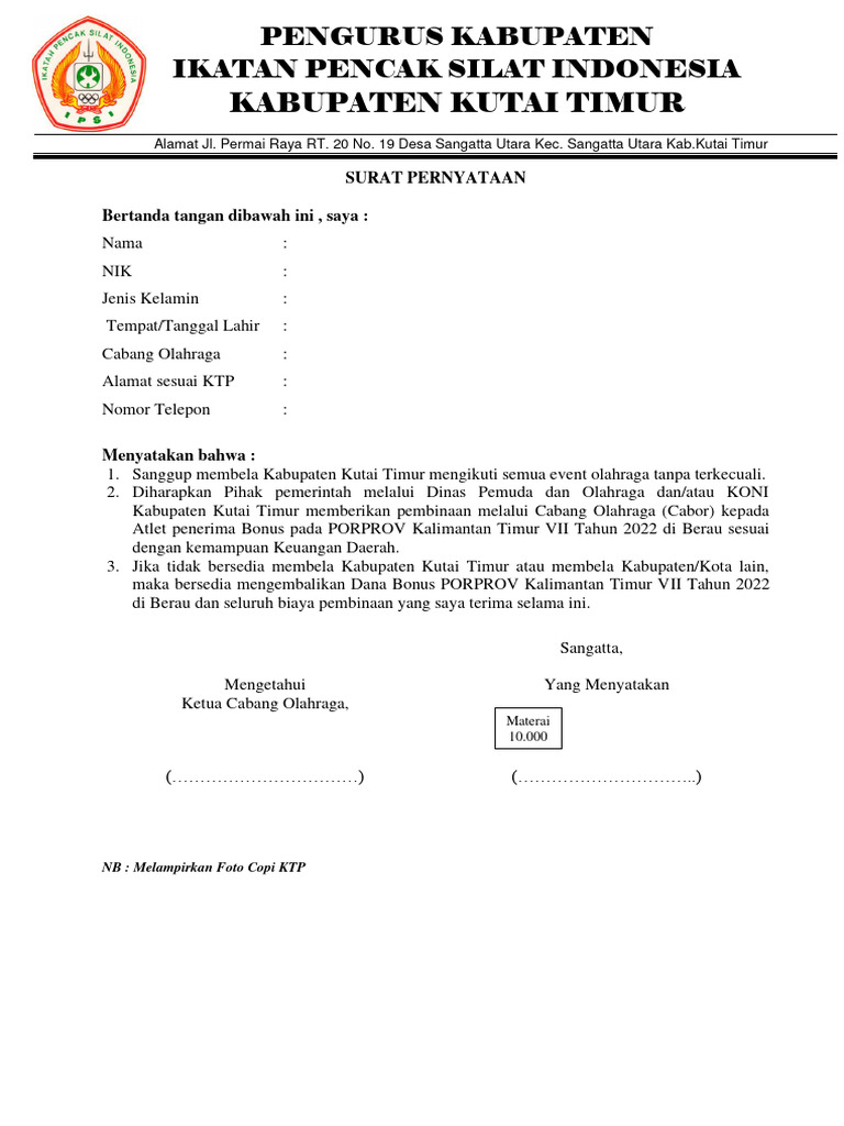 Surat Pernyataan Atlet | PDF