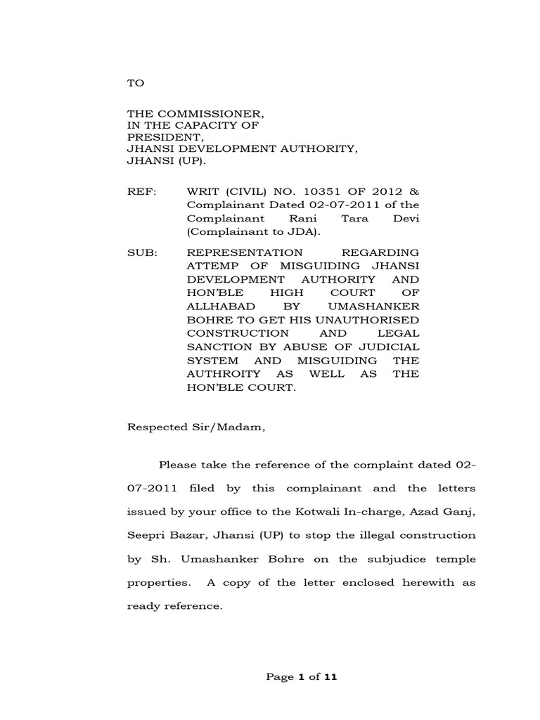 Complaint Commissioner Jda | PDF | Lawsuit | Supreme Court Of India