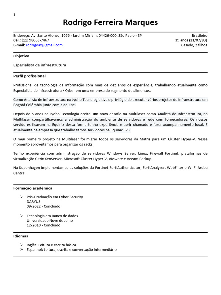 CV Rodrigo - Ferreira - Marques 2023 v1 | Download grátis PDF | Hyper V | Windows Server 2008