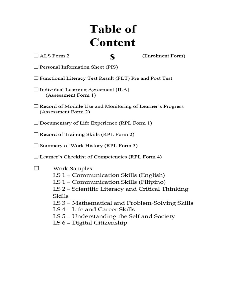 Portfolio Table of Contents Example | PDF | Career & Growth