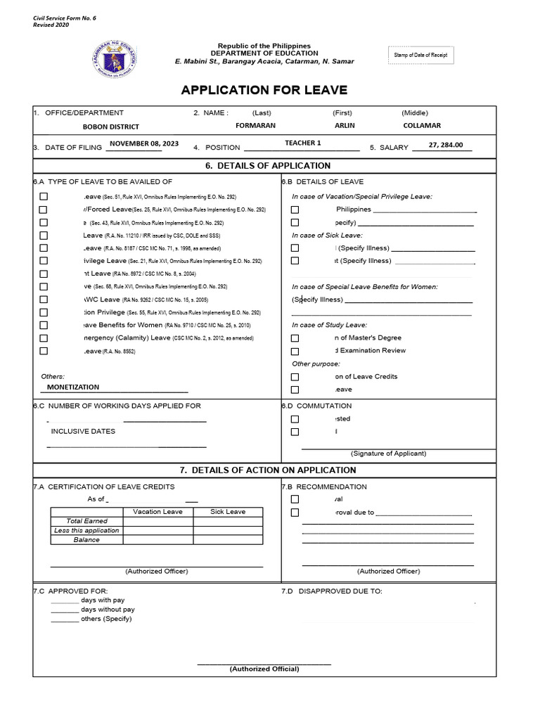 Civil Service Form No.6 Revised 2020 Application For Leave 1 | PDF ...