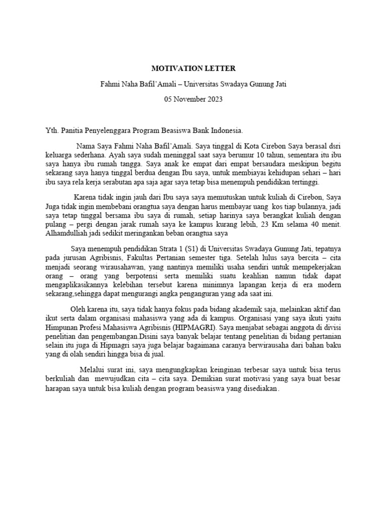 Motivation Letter Bank Indonesia | PDF