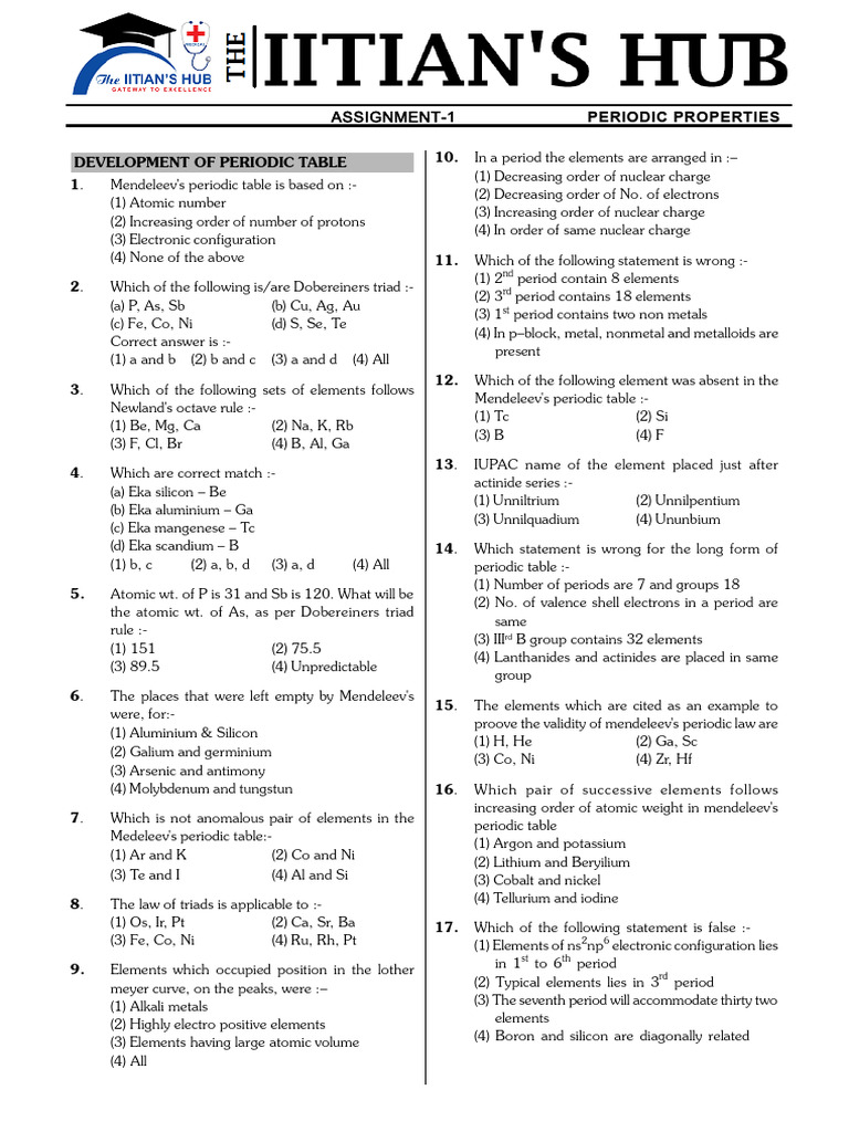 Periodic Properties Assignment 1 Pdf Periodic Table Chemical Elements 4628