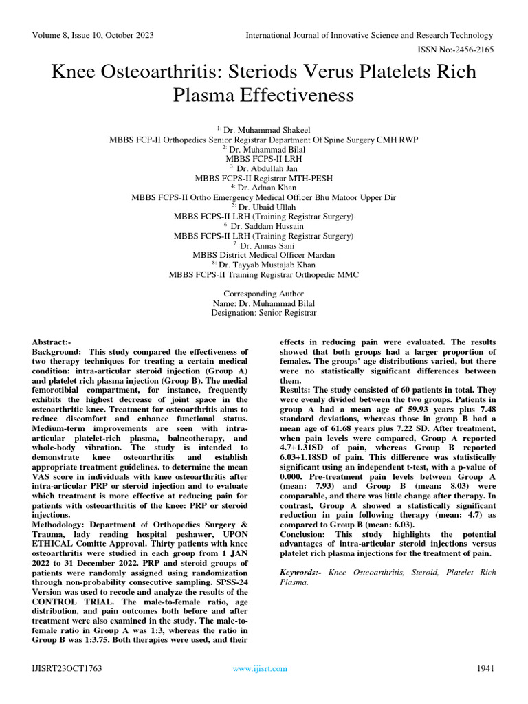 Knee Osteoarthritis: Steriods Verus Platelets Rich Plasma Effectiveness ...