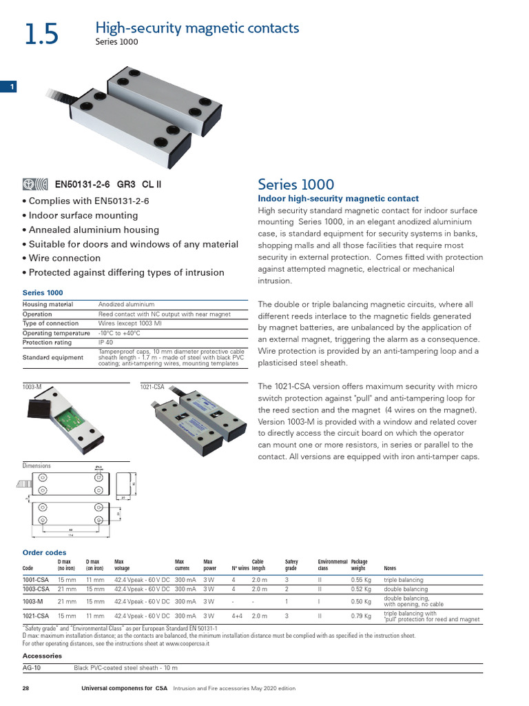 Eaton Security Series 1000 Magnetic Contacts Datasheet en | PDF | Wire | Security Alarm