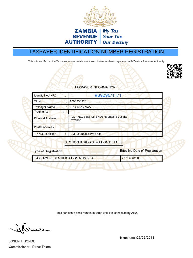 Zambia Taxpayer ID Registration Certificate | PDF