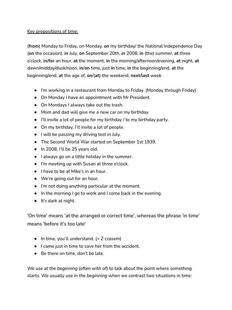 Time and Place Prepositions Guide | PDF | Art