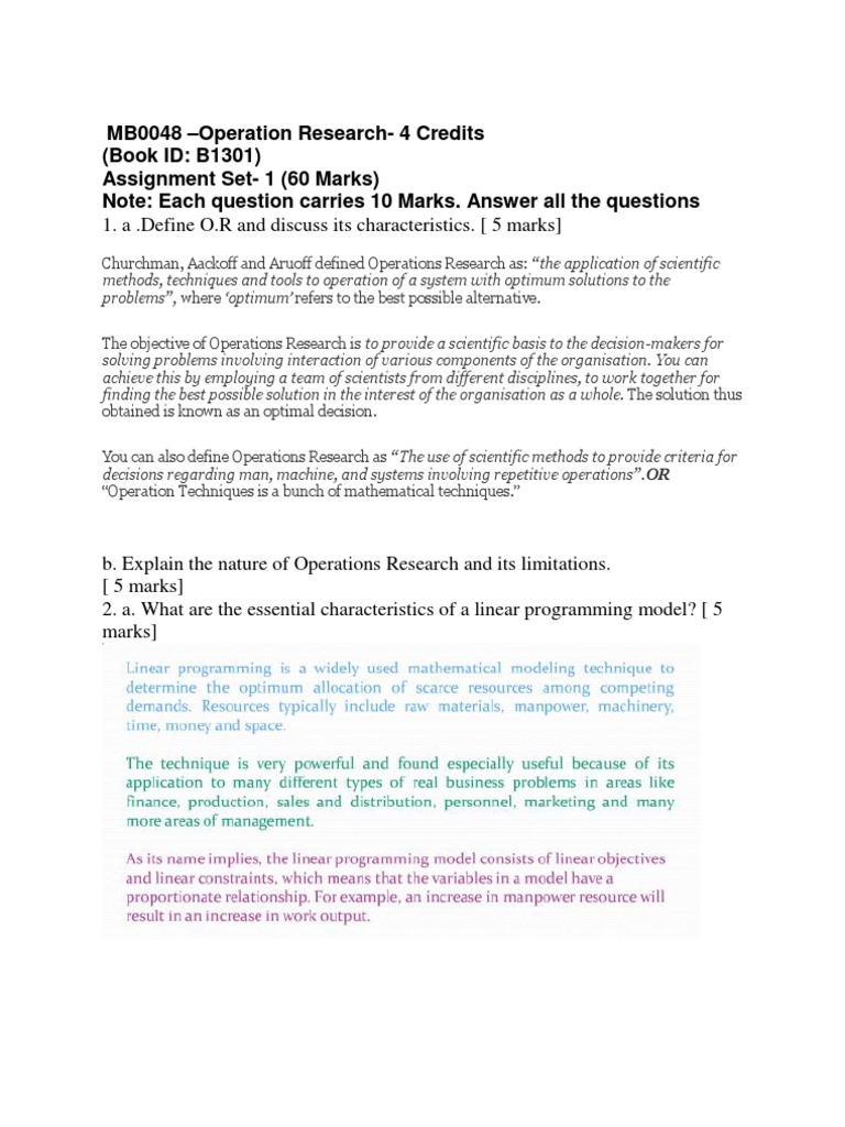 MB0048 - Operation Research-4 Credits (Book ID: B1301) Assignment Set - 1 (60 Marks) | PDF ...