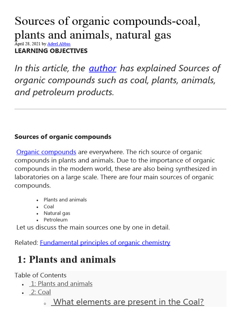 Sources of Organic Compounds Explained | PDF | Coal | Hydrocarbons