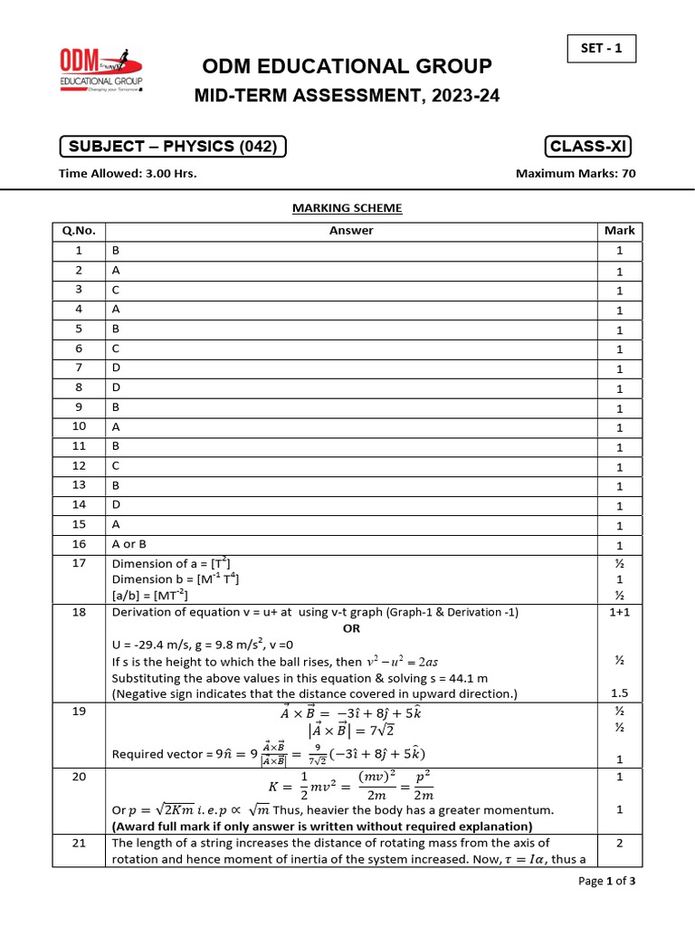 Xi - Mid - Asses - Phy. (Set-1 - MS) | PDF | Torque | Rotation Around A Fixed Axis