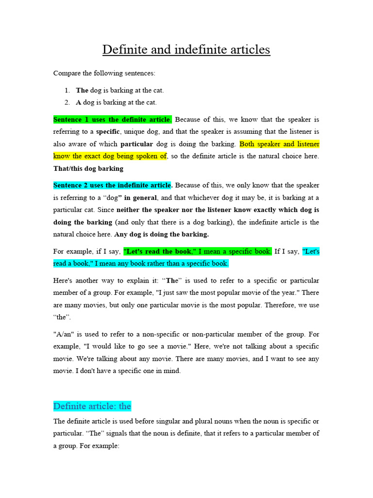Definite Indefinite Articles English Brief Explanation | PDF ...