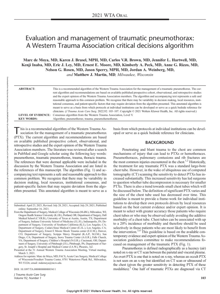 Evaluation and Management of Traumatic Pneumothorax A Western Trauma ...