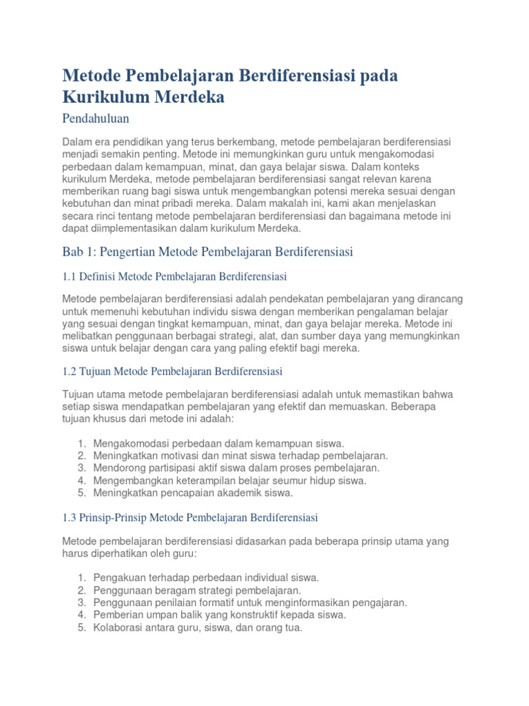 Metode Pembelajaran Berdiferensiasi Pada Kurikulum Merdeka | PDF