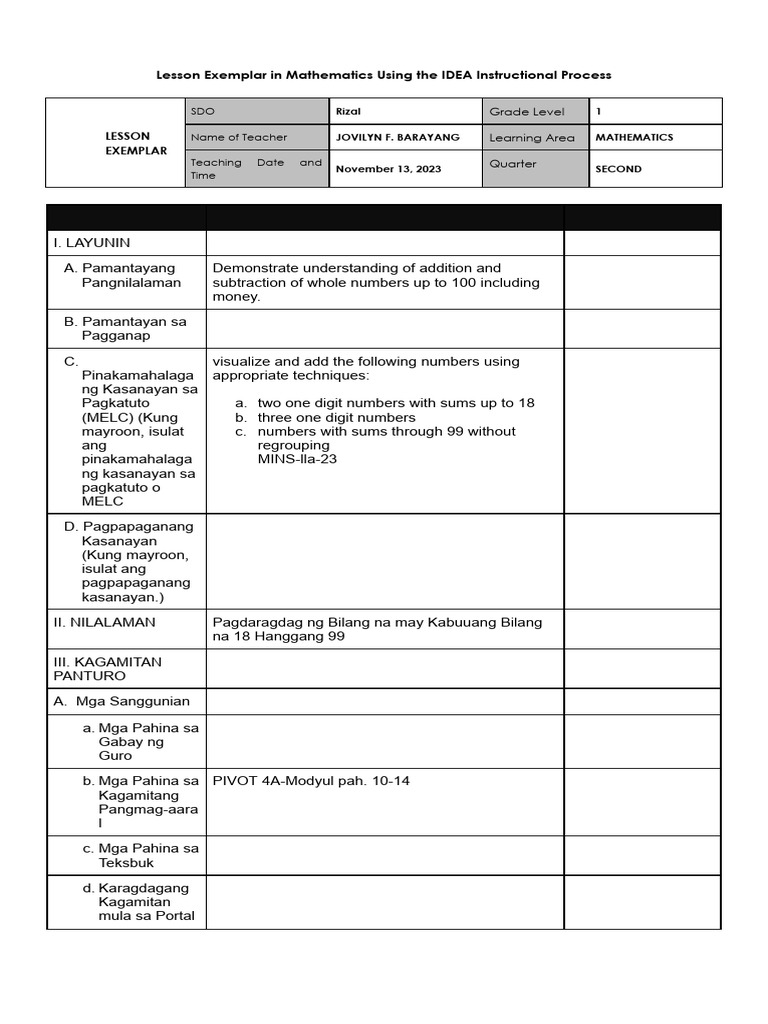Lesson Exemplar in MATHEMATICS 1 2 | PDF