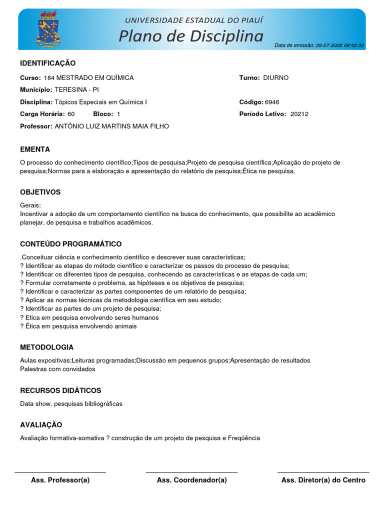 Plano Disciplina | PDF | Science | Método científico
