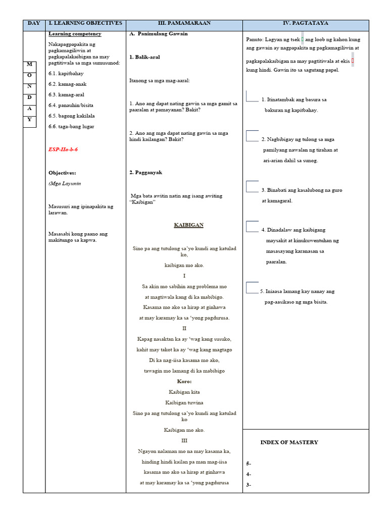 Esp-Iia-B-6: Day I. Learning Objectives Iii. Pamamaraan Iv. Pagtataya Learning Competency A ...