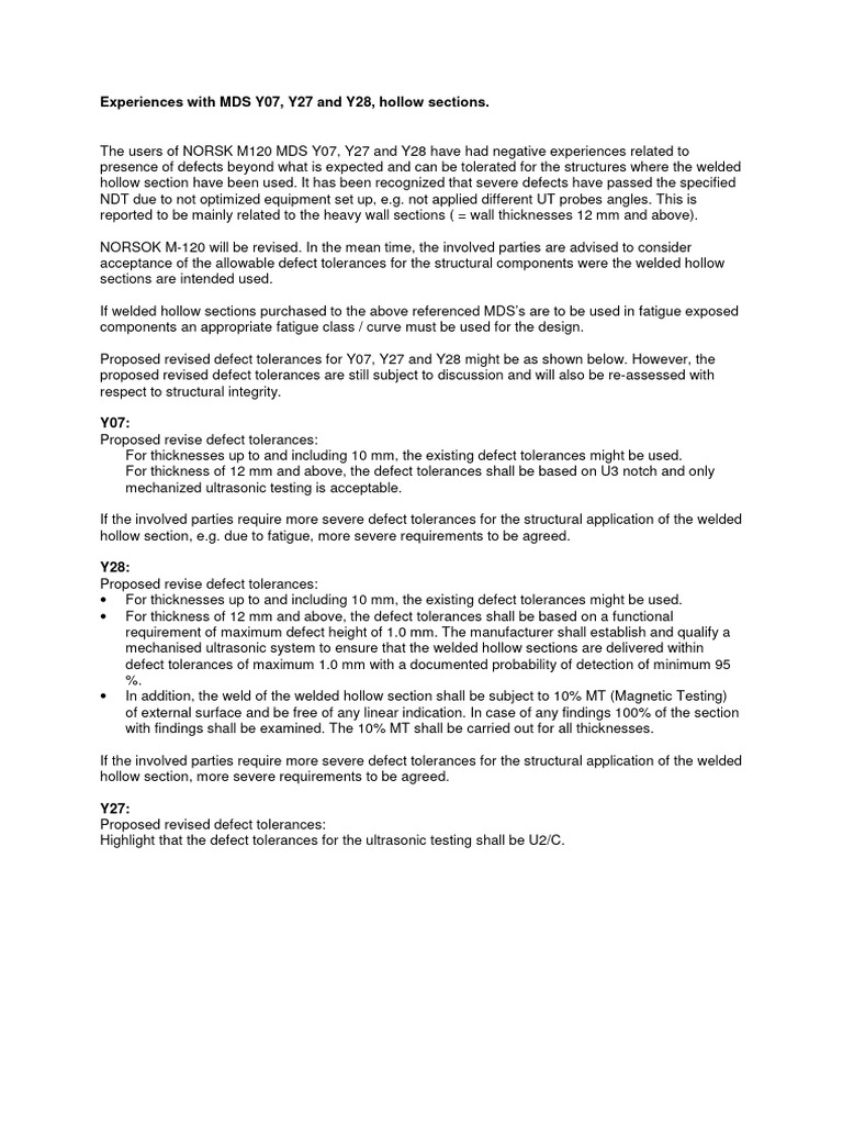 Experiences With MDS Y07, Y27 and Y28, Hollow Sections. | PDF ...