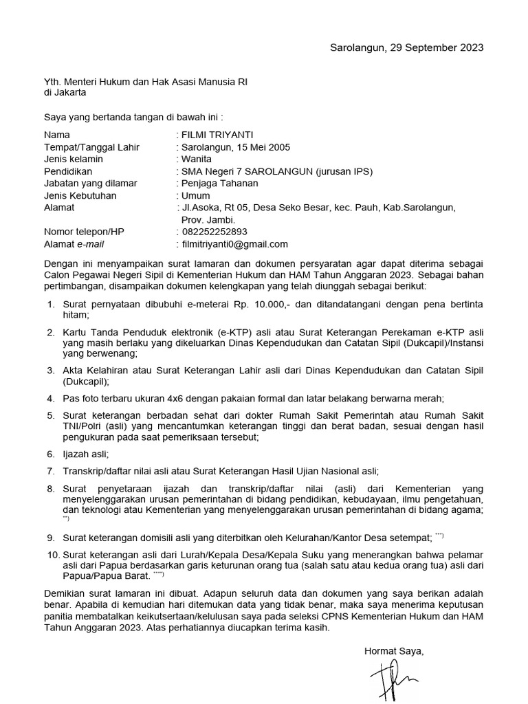 Surat Lamaran CPNS 2023 SLTA | PDF Surat Lamaran CPNS 2023 SLTA | PDF