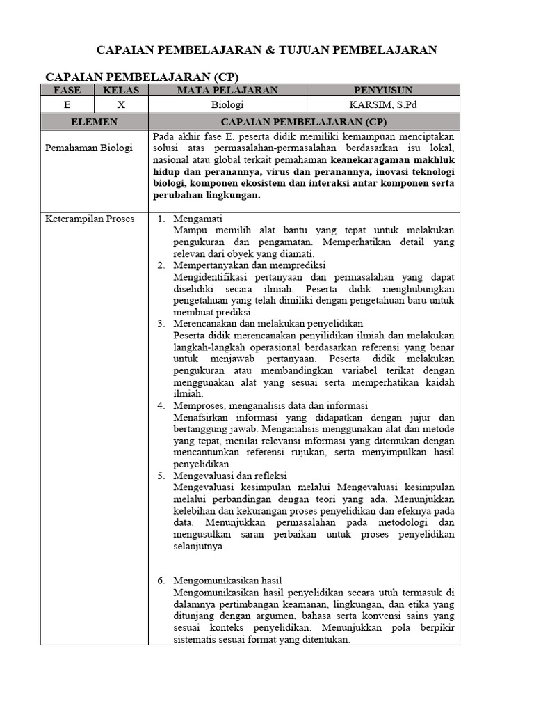 CP Dan TP - Fase E - BIOLOGI X | PDF