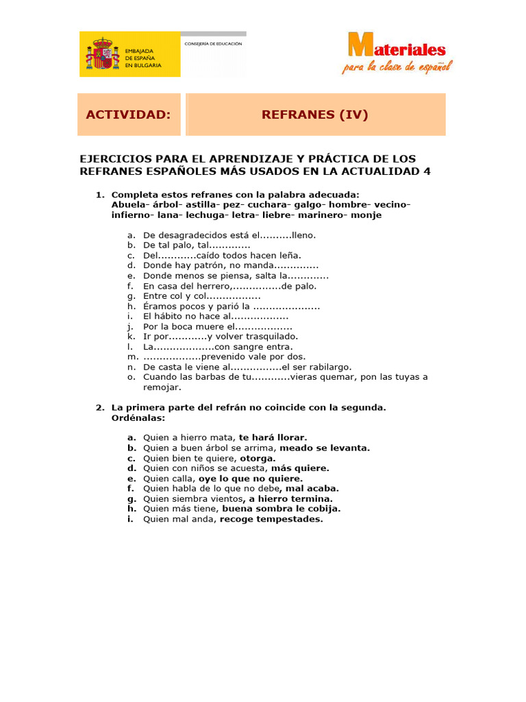 Ejercicios de Refranes Españoles | PDF | Hogar, jardinería y bricolaje ...