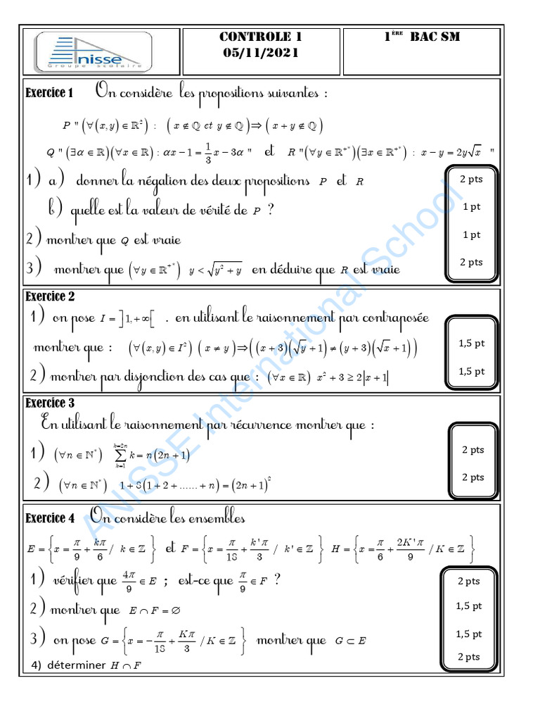 Contrôle de Maths 1ère Bac SM | PDF | Mathématiques