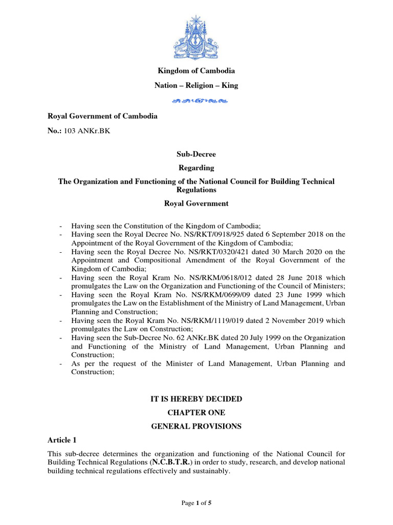 Sub-Decree 103 (Final Version English) | PDF | Cambodia | Governance